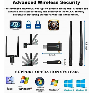 USB WiFi Adapter for PC, 1200Mbps USB 3.0 Dual Band 2.4Ghz/5Ghz WiFi Dongle with Dual High Gain 5dBi Antenna and USB3.0 Dock Wireless Network Adapter for Desktop/Laptop Supports Windows/Mac OS/Ubuntu