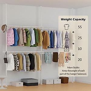 BsBsBest Ceiling Clothes Rack, 4 Tier Adjustable Closet Shelves Free Standing Closet Organizer And Storage Free Ceiling to Floor for Hanging Clothes White