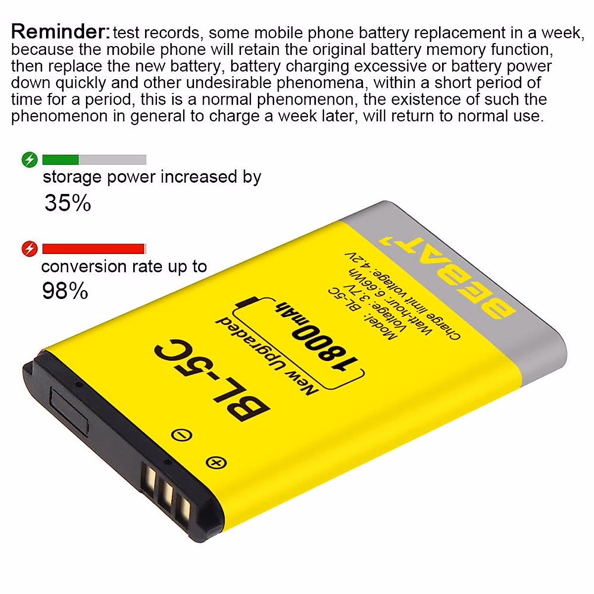BEBAT (2 Pcs) BL-5C Battery, 3.7V 1800mAh Rechargeable BL-5C Battery Suitable for Household Radio, Nokia with Current Protection