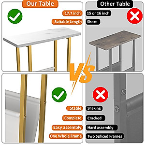 Yusong Small Narrow Side Table for Small Spaces, 17.7" W Slim End Table Magazine Table Nighstand with Storage Holder, Accent Skinny Snack Couch Bedside Table, Gold White, Complete Iron Pipes