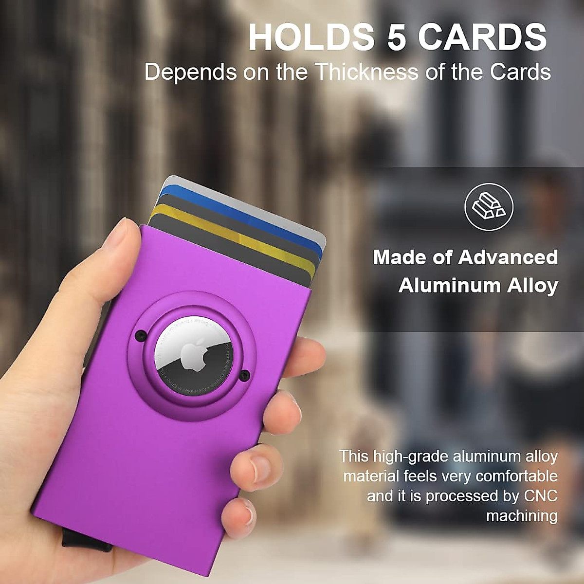 AirTag Card Holder Wallet with AirTag Holder, Pop Up Wallet RFID Blocking Slim Metal Bank Credit Card Case Holds 5 Cards (Black)