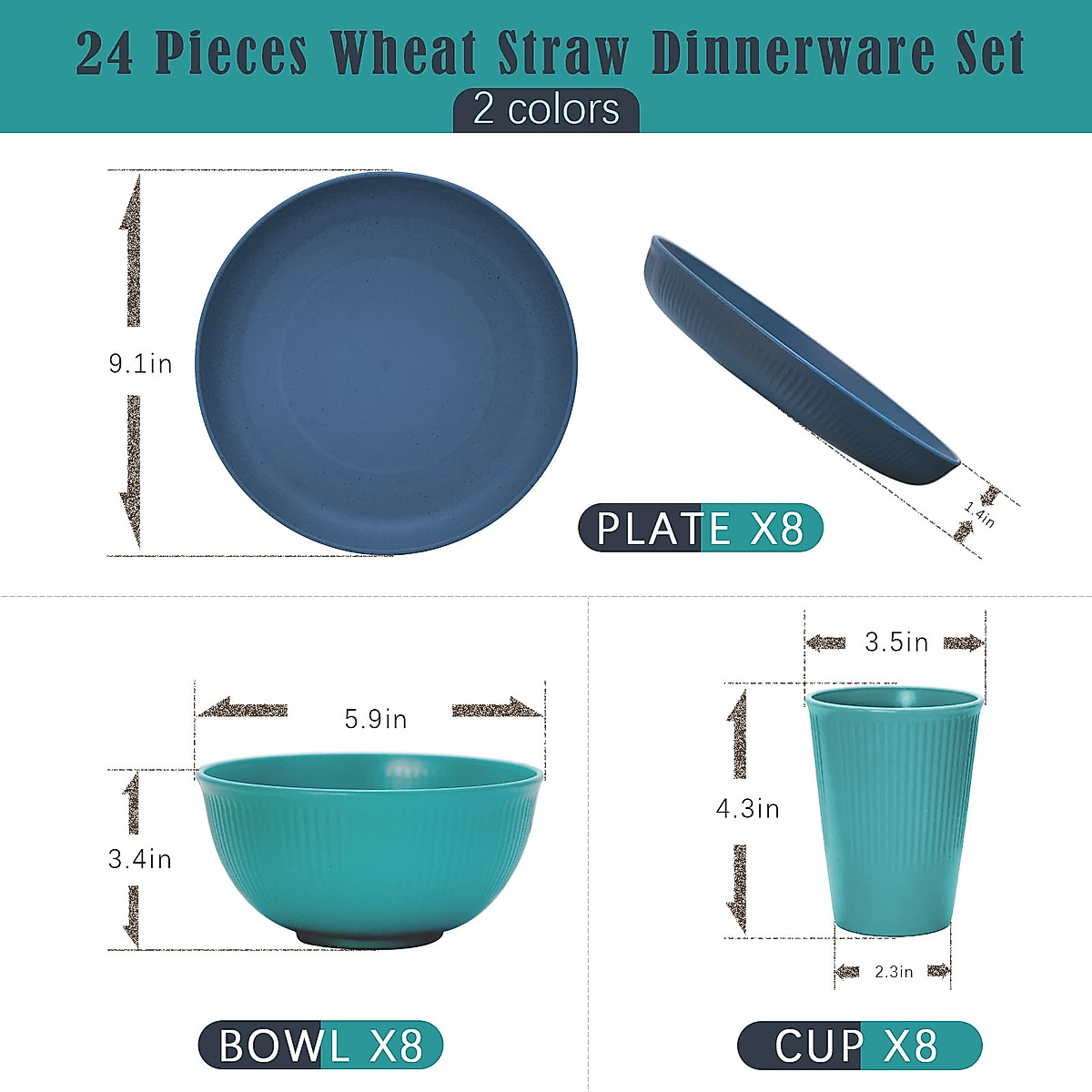 Dhnvcud 24-Piece Plates and Bowls Sets,Wheat Straw Dinnerware Sets for 8,Unbreakable Plastic Dinnerware Set,Reusable Plates,Bowls and Cups,Plastic Dishes Set for Kitchen,Outdoor Camping,RV