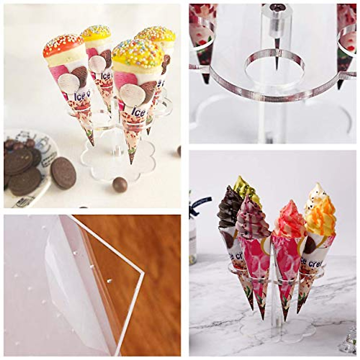 2 Pack Acrylic Ice Cream Cone Holder Stand Clear Cotton Candy Stand Display Mini Waffle Cone Displaying Stand Cupcake Cone Holder for Weddings Baby Showers Birthday Party Anniversaries Decor (8 Hole)