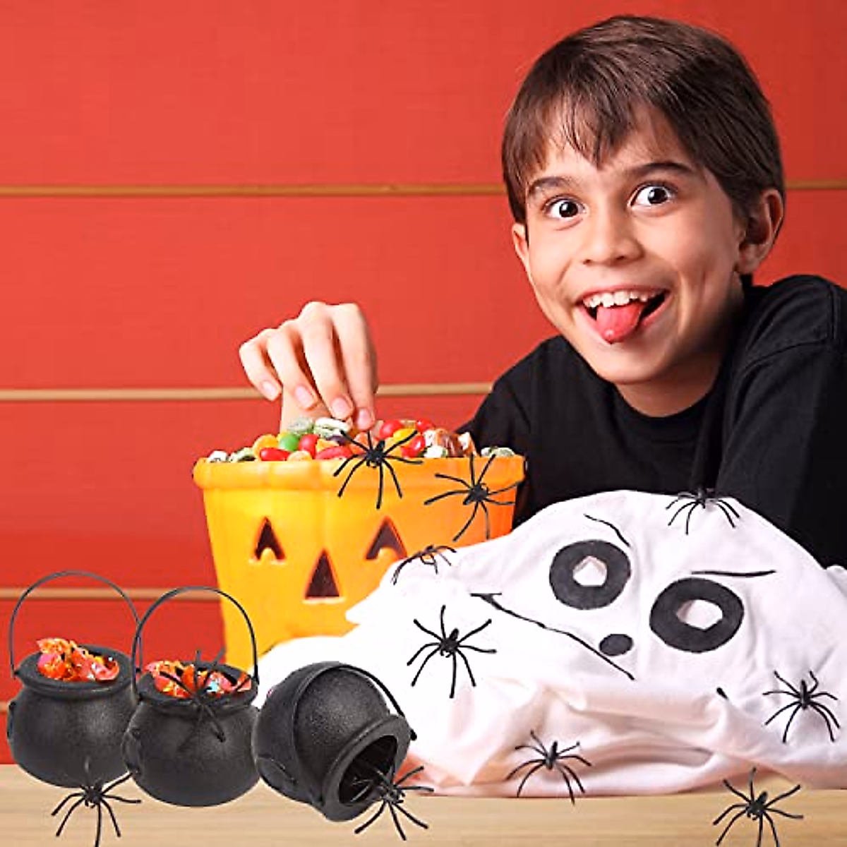FOIMAS Mini Black Cauldron,6pcs Halloween Plastic Candy Kettle Bucket with 50pcs Spiders Decor for Halloween Trick or Treat Party Favor Home Decoration Supply