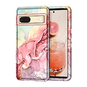 Btscase for Google Pixel 7 Case, Marble Pattern 3 in 1 Heavy Duty Shockproof Full Body Rugged Hard PC+Soft Silicone Drop Protective Women Girl Phone Covers for Google Pixel 7 (2022), Rose Gold