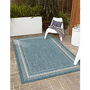 Unique Loom Outdoor Border Collection Area Rug - Soft Border (10'x 14' 1" Rectangle, Teal/ Ivory)