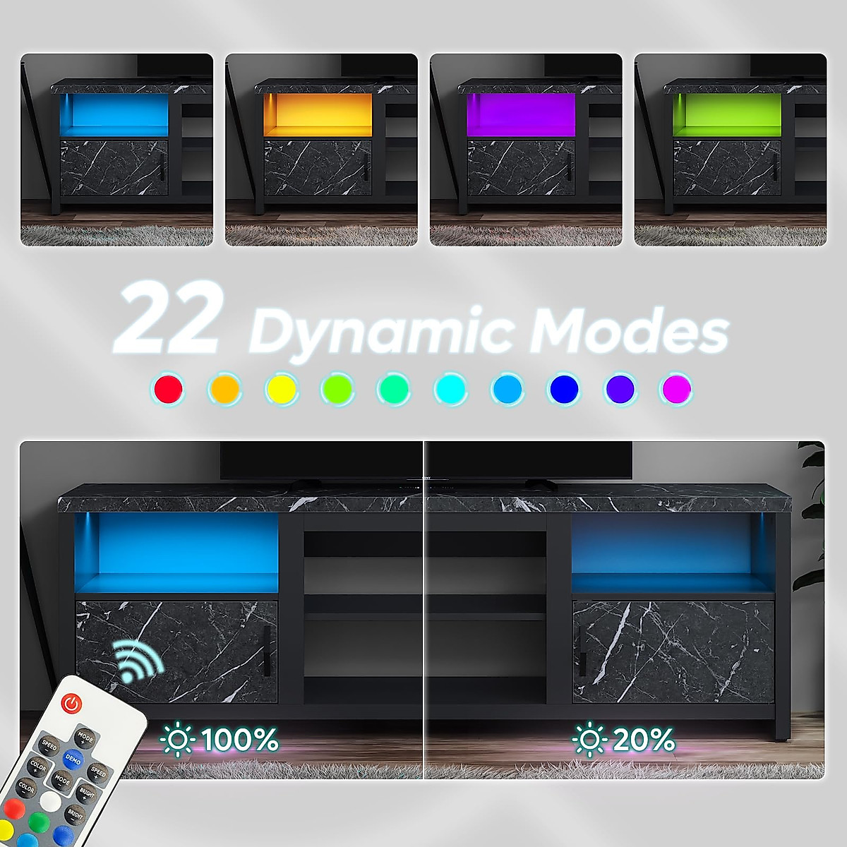 Bestier 70 Inch TV Stand with LED Lights for 80 Inch TV, Black Marble Entertainment Center with Storage Cabinets for Living Room Bedroom, Large TV Console Table with Adjustable Shelf, Easy Assembly