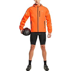 TSLA Men's Cycling Waterproof Jacket, Reflective Hoodie Windbreaker, Packable Bike Rain Jackets with Back Pocket, Cycling Neon Yellow, X-Large