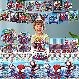 Spider and His Amazing Friends Birthday Party Supplies，Spider Theme Party Decorations With 20 Plates 10 Paper Towels 1 Tablecloth 1 Set of Banners and Cake Inserts， for Fans SPlDERMER Party Supplies