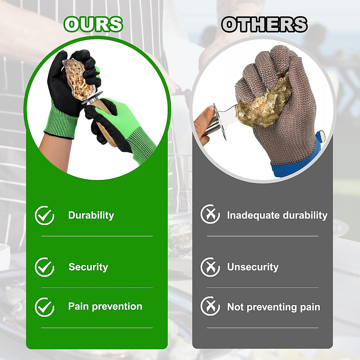 Palksky Oyster Shucking Gloves, Oyster Shucker Tool Protectors Handguard, Oyster Opener Machine Kit, Easy to Use Oyster Holders Seafood Tool (Green-Black