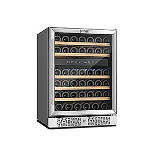 Empava Refrigerator 24 inch Double Zone Fridge for 46 Bottles Built in or Freestanding Compressor Chiller Stainless Steel Glass Door for Home, Office Bar Wine Cooler with Wood Shelves, Silver