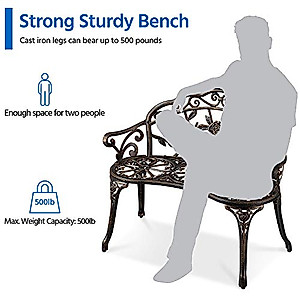 Yaheetech Outdoor Garden Bench Patio Park Bench, Aluminum Floral Rose Accented Antique Metal Bench Loveseat, Outdoor Yard Furniture