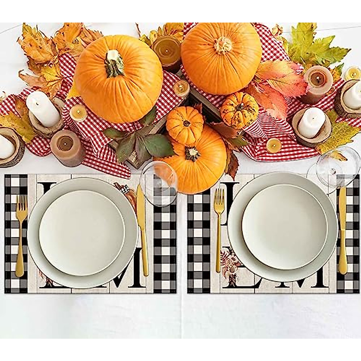Fall Placemats Set of 4,12x18 Inch Home Sweet Home Buffalo Plaid with Pumpkin Heat-Resistant Place Mats,Seasonal Autumn Table Decors for Farmhouse Kitchen Dining Thanksgiving Holiday Party