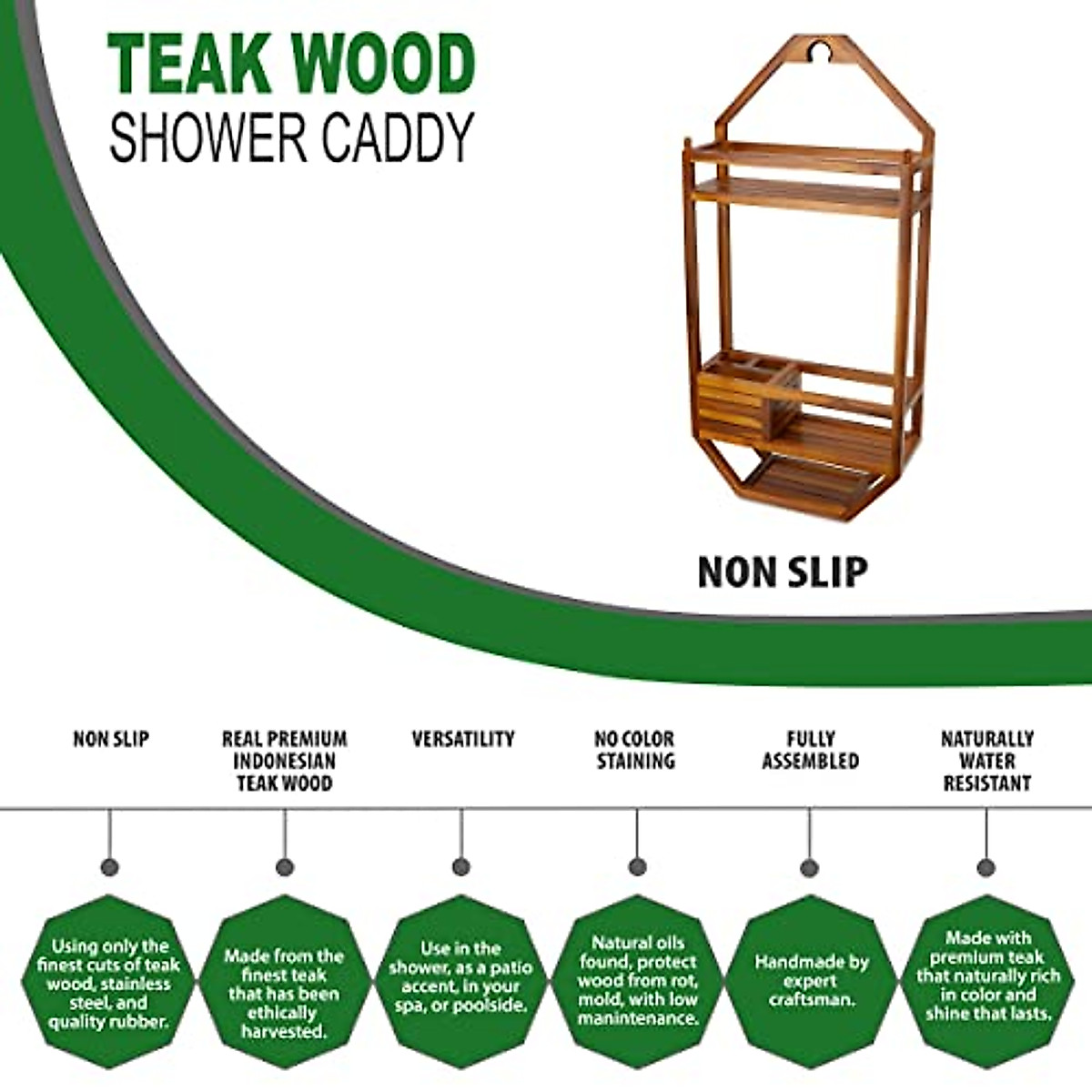 TeakCraft Teak Shower Caddy, Shower Organizer For Bathroom, Non Slip, Indoor and Outdoor, Hanging Shower Organizer, Showerhead, 3 Shelf, The Thoren
