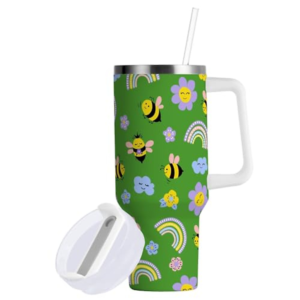 CIJEMAPW Bees Rainbow Insulated Tumblers Clouds Flowers 40 oz Water Bottles Travel Mug with Handle and Straw Lid Leakproof School Work Outdoor for Women & Men