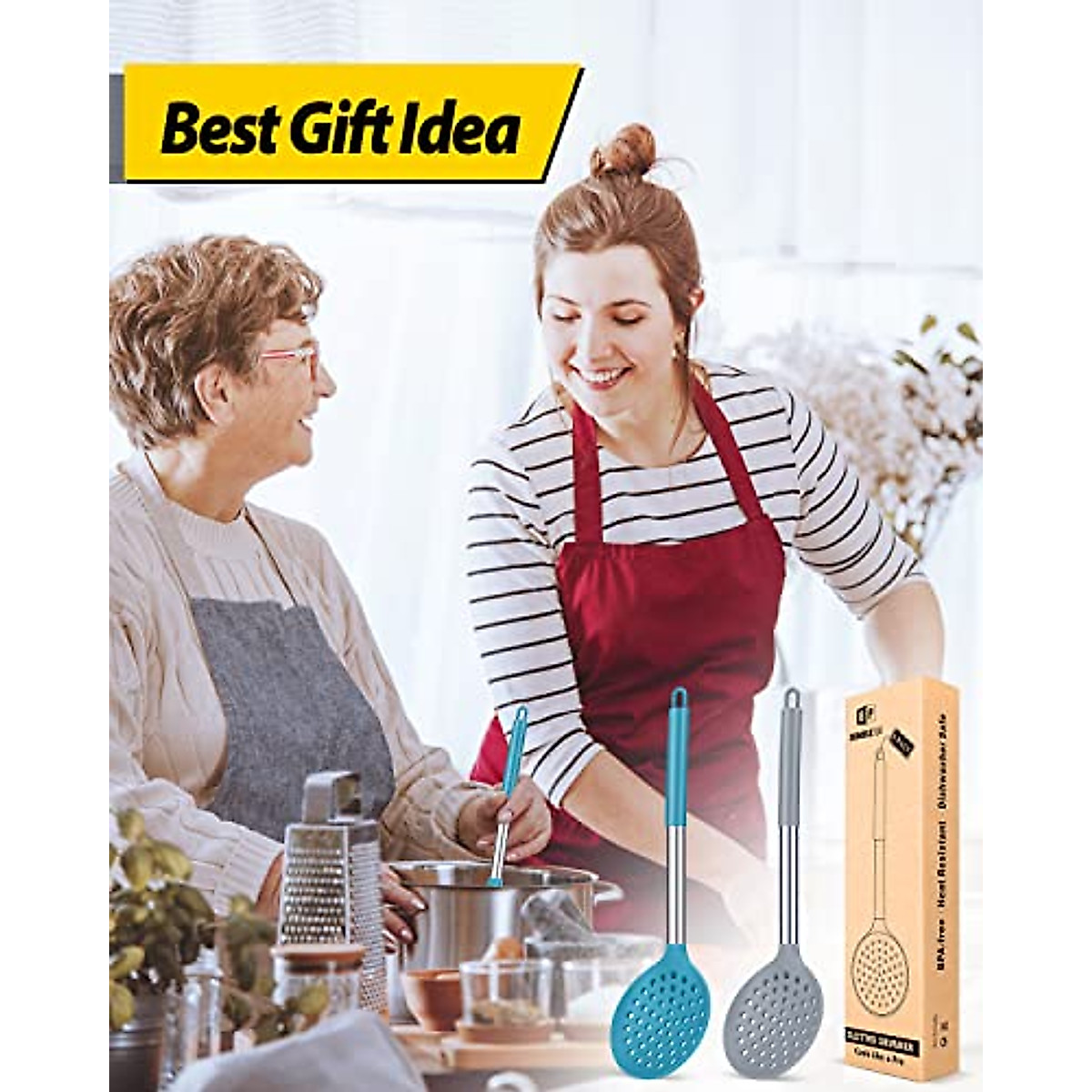 Kitchen Ladle Strainer Set of 2 Large Slotted Spoon with High Heat Resistant BPA Free Non Stick Cooking Skimmers For Draining & Frying (Grey and Teal Blue)