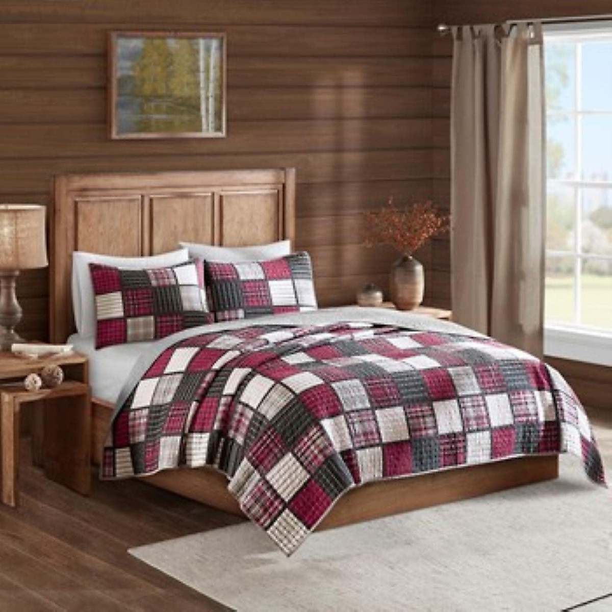 Woolrich Reversible Quilt Cabin Lifestyle Design - All Season, Breathable Coverlet Bedspread Bedding Set, Matching Shams, Oversized King/Cal King, Tulsa Plaid Red/Grey 3 Piece