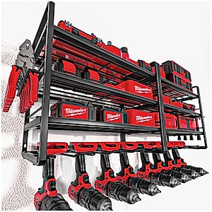Amoowis Power Tool Organizer Wall Mount, 4 Layers Power Tool Storage Rack, Drill Holder Storage, Cordless Tool Organizer, Garage Organization and Storage, Floating Tool Shelf for Pegboard