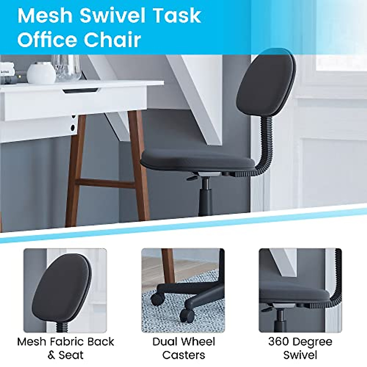 Flash Furniture Low Back Swivel Task Office Chair - Adjustable Black Student Chair with Padded Mesh Seat & Back - Homeschool Study Chair
