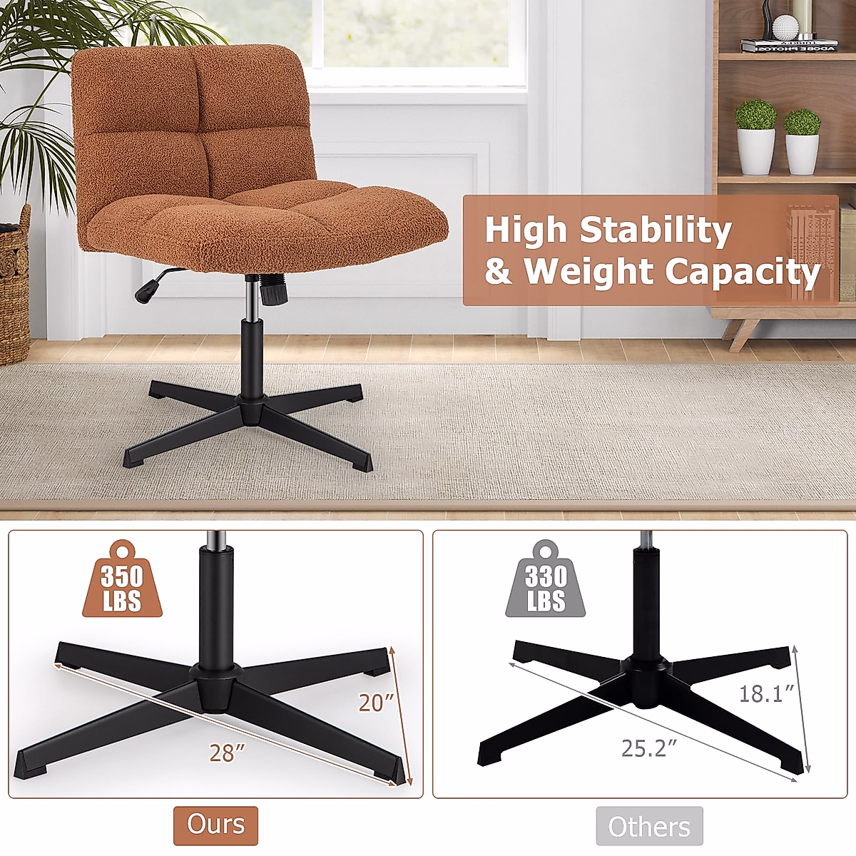 COSTWAY Cross Legged Office Chair, Armless Wide Seat Swivel Desk Chair No Wheels, Height Adjustable Mid Back Computer Task Chair, Modern Faux Lamb Fleece Vanity Chair for Home Office (Brown)