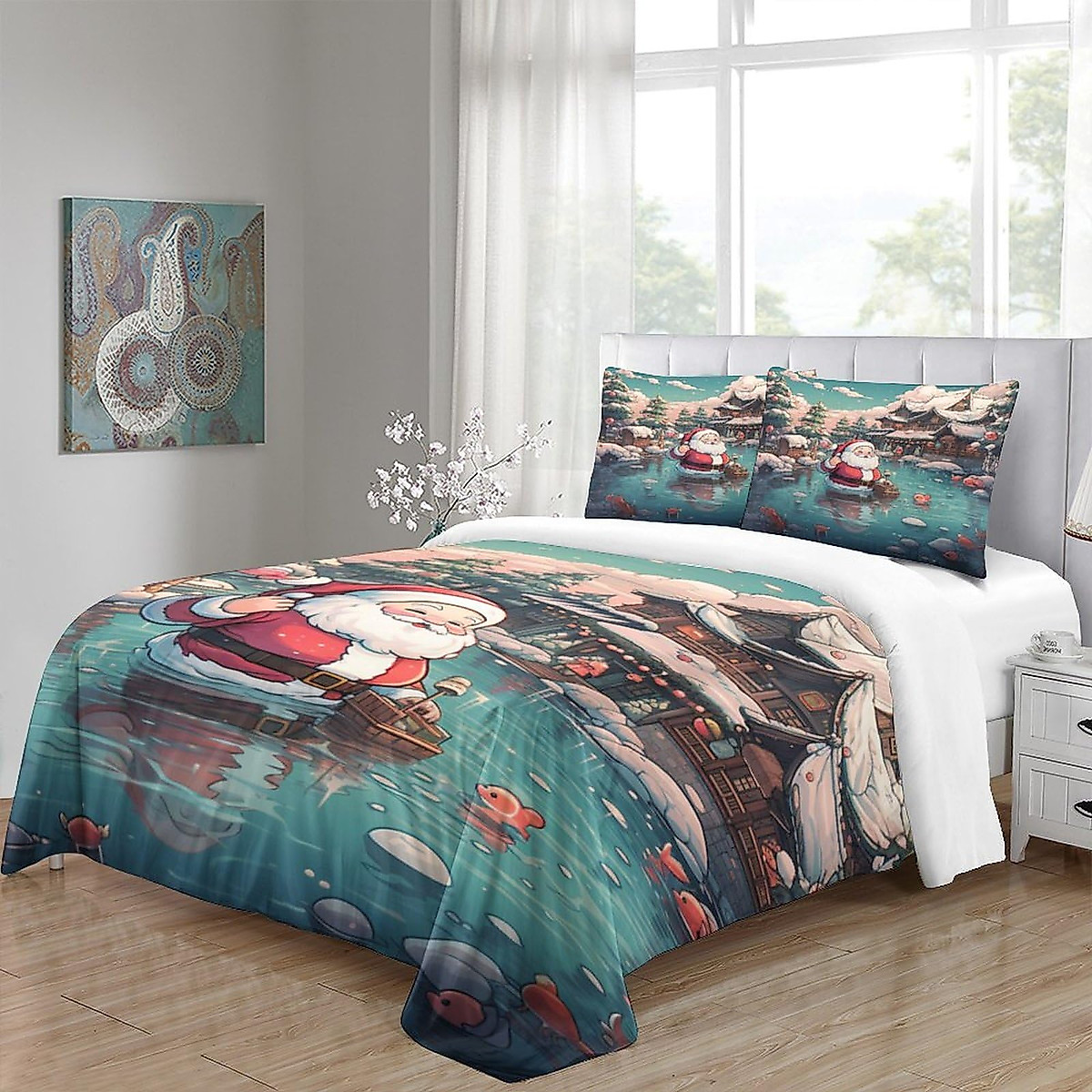 ERGTT Father Christmas Comforter Covers Quilt Cover Duvet Cover for Boys Girls 3D Printed Christmas with Zipper Closure Bedding Set with Pillow Cases Soft Microfiber 3 Pieces Queen（228x228cm）