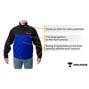Waylander Flame Resistant FR Cotton Welding Jacket with Snap Button Front and Wrist Closures - Black/Blue (MEDIUM)