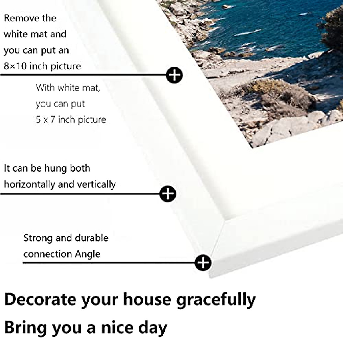 BOANKODU 8x10 Picture Frame Set of 2, Made of High Definition Transparent Plastic for 5x7 with Mat or 8x10 Without Mat, Wall Mounting Photo Frames, White