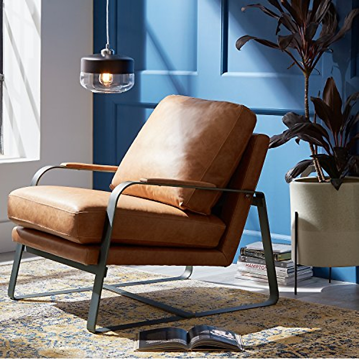Amazon Brand – Rivet Summit Mid-Century Modern Leather Accent Chair with Steel Arms, 27"W, Cognac Brown
