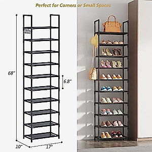 WOKKOW 10 Tiers Tall Shoe Rack for Closet Entryway 20-25 Pairs Shoe Closet Organizers and Storage Free Standing Shoe Shelf Shoe Storage with Hooks