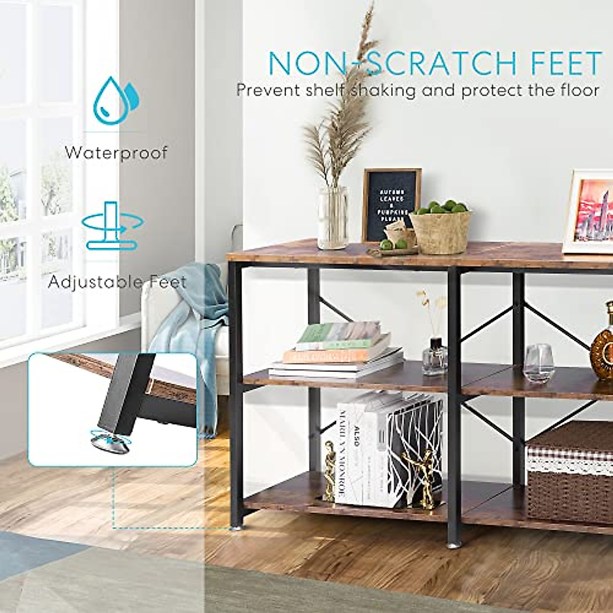 VIVOHOME 55 Inch Narrow Console Table, Industrial Sofa Table Behind Couch with 3-Tier Storage Shelves, Metal Frame, Easy Assembly, for Entryway, Hallway, Living Room