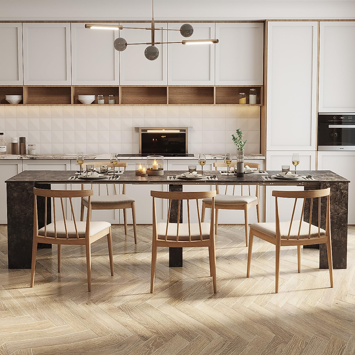 SSLine Rectangular Extendable Dining Table with Storage Cabinet 98.43" Super Long Conference Table for 6 8 10 12 People Rustic Walnut Expandable Kitchen Tables for Home Office Computer Table