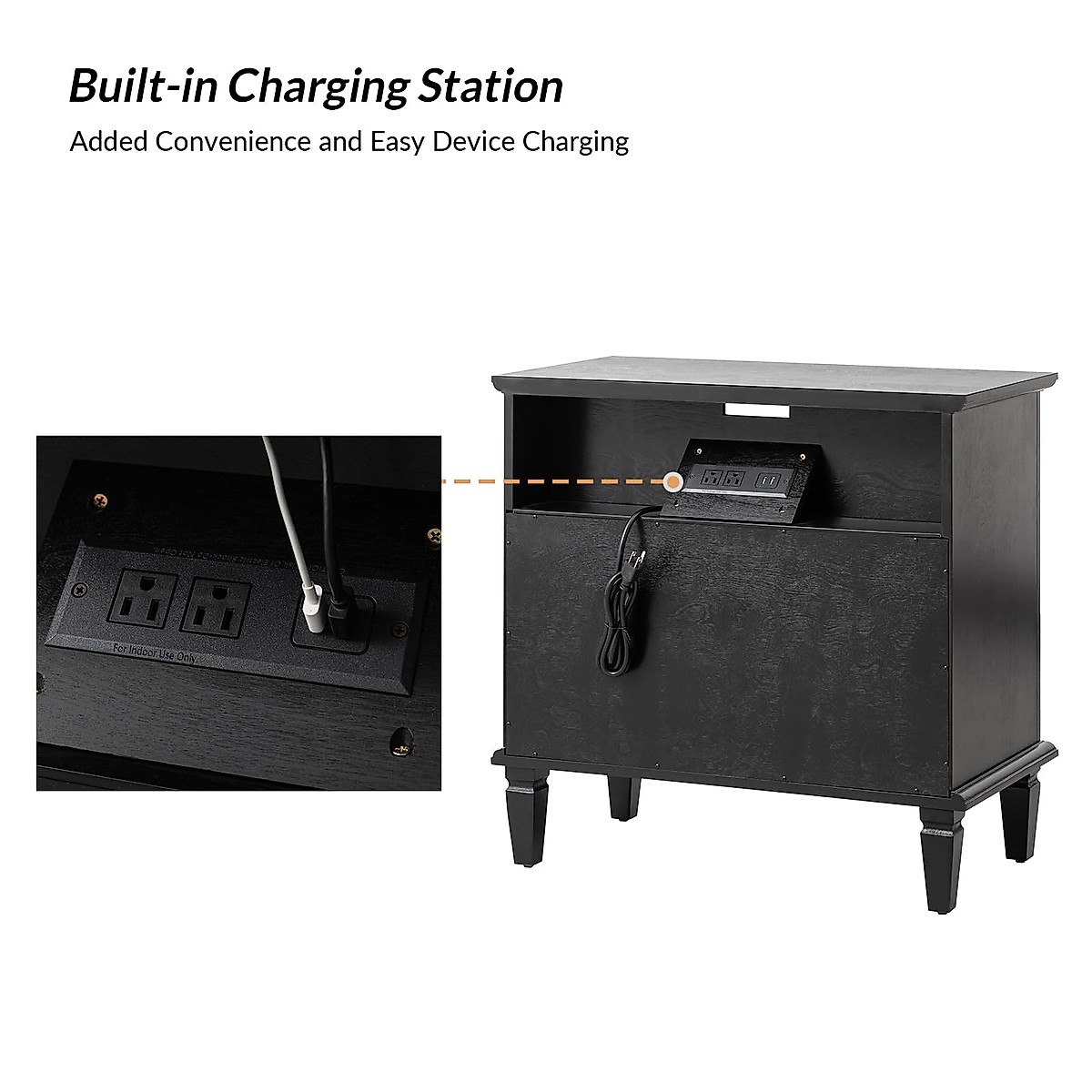 HULALA HOME Farmhouse Nightstand with Charging Station, Set of 2 End Table with USB Ports and Outlets, Fluted Pilasters Bedside Table with Open Space Dresser for Bedroom,Black