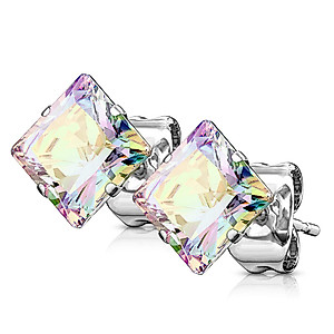 Amelia Fashion 22GA Pair Princess Cut Square Aurora Borealis CZ Earring Studs 316L Surgical Stainless Steel (4mm Aurora Borealis)