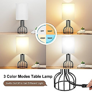 Bedside Table Lamp for Bedroom - Small Lamp with 3 Color Modes-3000K-4000K-5000K Nightstand Lamp with Simple Black Metal Base and White Fabric Shade for Kids, Living Room，Bedroom (LED Bulb Included)