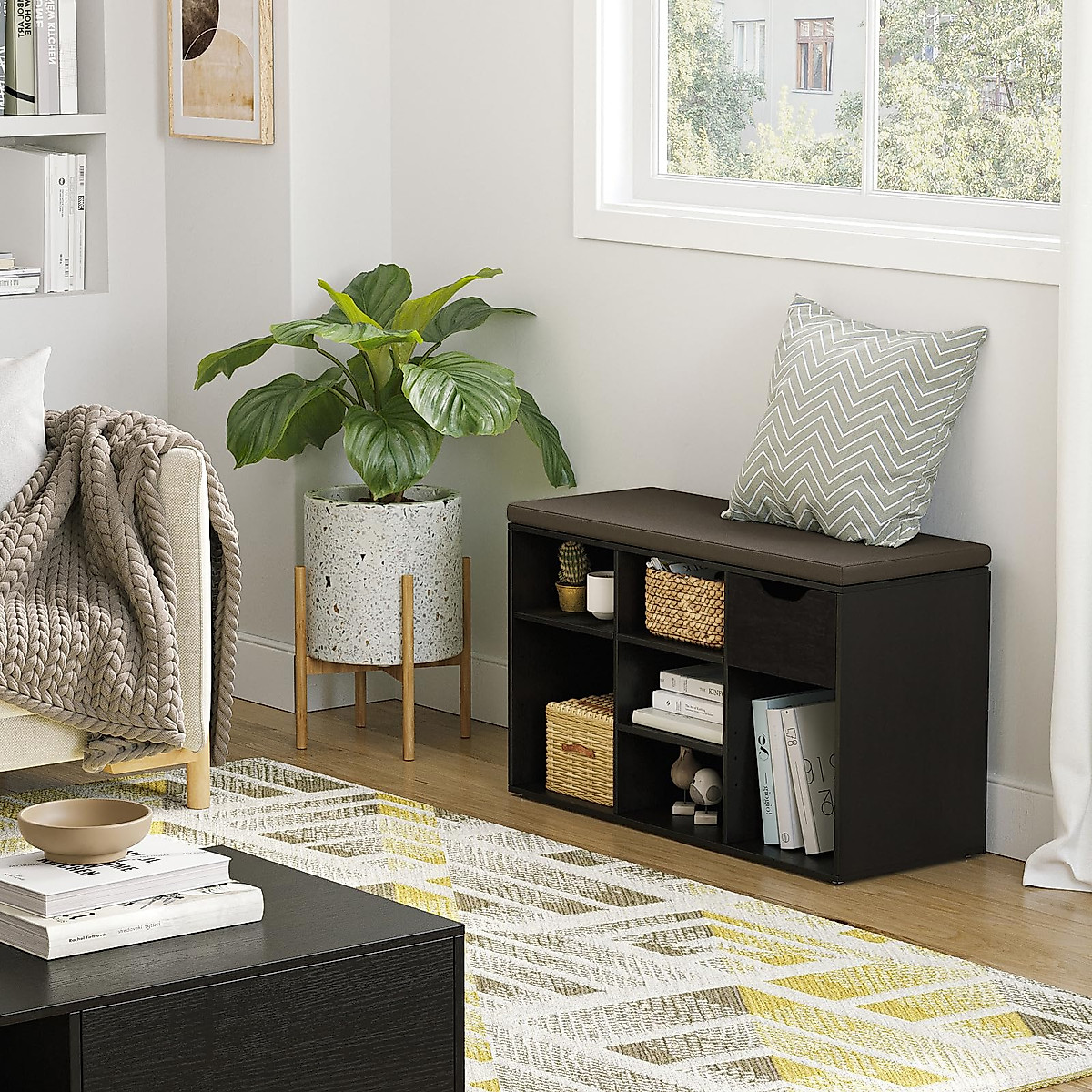 DINZI LVJ Shoe Bench, Entryway Storage Bench with Drawer and 8 Cubbies, Cubby Shoe Rack with Adjustable Shelves, Shoe Organizer Cabinet for Living Room, Bedroom, Mudroom, Closet and Garage, Espresso