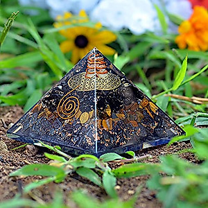 Orgonite Crystal Triple Protection Orgone Pyramid with Black Tourmaline, Tiger Eye and Hematite Crystals – Flower of Life Pyramid Dispels Negative Energy to Promote Luck and Prosperity