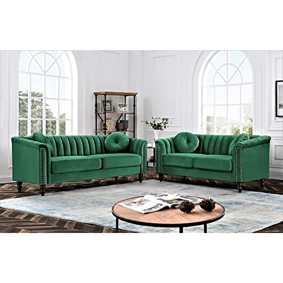 Container Furniture Direct Tufted Velvet Sofa with Removable Cushions and Turned Wood Legs, Elegant Living Room Furniture for The Modern Home, 61.4 Inch Loveseat, Green