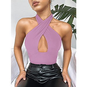 REORIA Women's Sexy Criss Cross Halter Neck Sleeveless Party Club Night Going Out Thong Bodysuits Tops Violet XX-Large