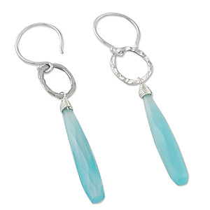 NOVICA Artisan Handmade Blue Chalcedony Dangle Earrings with Hammered Silver Sterling Thailand [2.4 in L x 0.5 in W] ' Exhilarated'