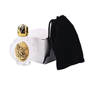 Luomu Glass Holy Water Bottle 0.5 floz with Gold-Toned Cap and Gold-Toned Depiction of The Holy Family (Saint Michael the Archangel-Gold)