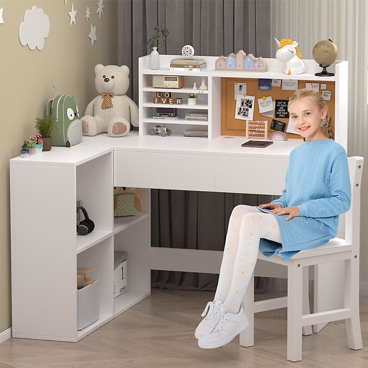NKUGCFC 41in*31in White Kids Desk and Chair Set for 5-12 Year Old, KidsDesk with Bulletin Board, Kids Study Desk and Chair Set with Drawers and Shelves,Kids Corner Desk and Chair Set with Hunch