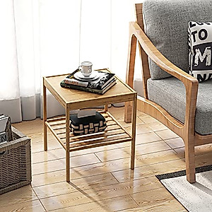 Giantex Bamboo Nightstands Set of 2, Square Bedside Table with Storage Shelf, Natural Wood End Side Table for Bedroom Home Office, Easy Assembly (2)