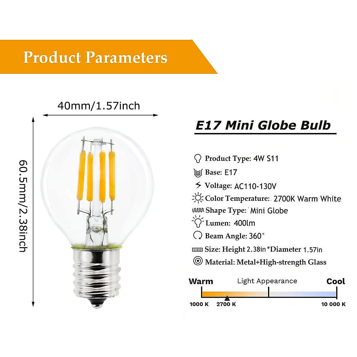 2-Pack E17 Mini Globe Bulb S11 LED Light Bulb,E17 Intermediate Base 4W Warm White 2700K,40 Watt S11 G40 Incandescent Bulb Replacement for Desk Lamp,Cabinet,Closet, Non-Dimmable