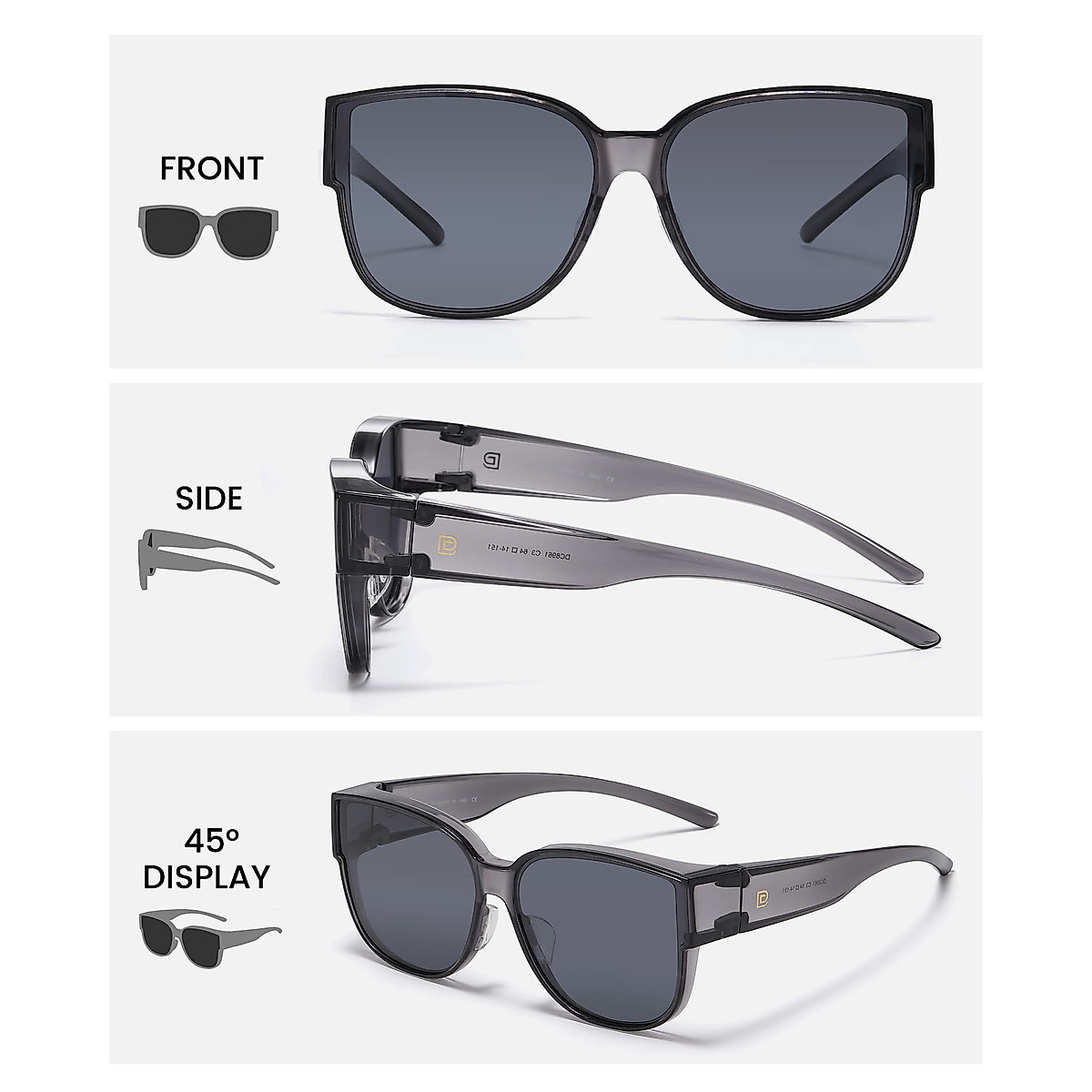 DUCO Fit Over Sunglasses for Men Women Wear Over Glasses Retro Wrap Around Polarized Sun Glasses UV400 Protection (A-Transparent Grey Frame Grey Lens)