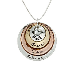 My Four Treasures Personalized Necklace with 4 Customizable Discs in Sterling Silver, 14k Gold Plate and Rose Gold Plate with a 925 Heart Charm