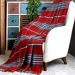 STP GOODS Cotton Red Throw Blanket Plaid for Couch Sofa Bed 86.6 х 63'' Twin Soft Warm Blanket with Fringe Scotch Travel Blanket (Red / Gray)