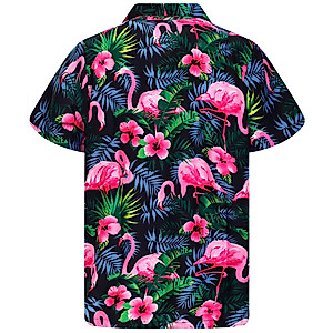 KING KAMEHA Funky Hawaiian Shirt, Shortsleeve, Flamingo Flowers, Black Pink, XXL