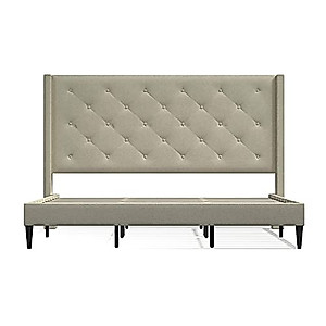 Glenwillow Home Huppe Upholstered Platform Bed Frame/Button Tufted MCM Wingback/Mattress Foundation/No Box Spring Needed/Easy Assembly, Beige, California King