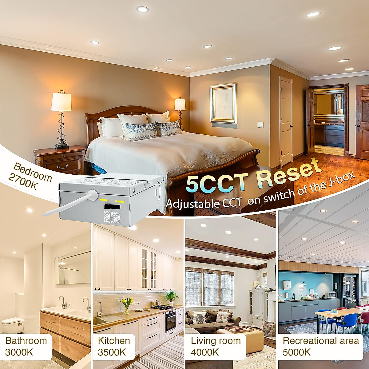 Adetu 12 Pack Recessed Lighting 6 Inch, 5CCT Ultra-Thin Recessed Light Fixtures with Junction Box, CRI 85>, 13W 1080LM, LED Ceiling Light - ETL Energy Star