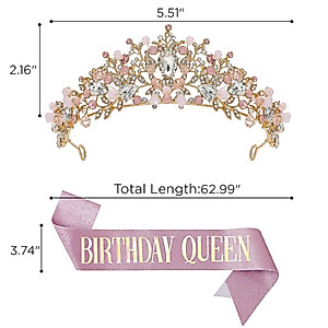 SWEETV Birthday Crowns for Women Pink Birthday Queen Sash and Tiara Set Rhinestone Princess Headband for Birth Day Party Photograph